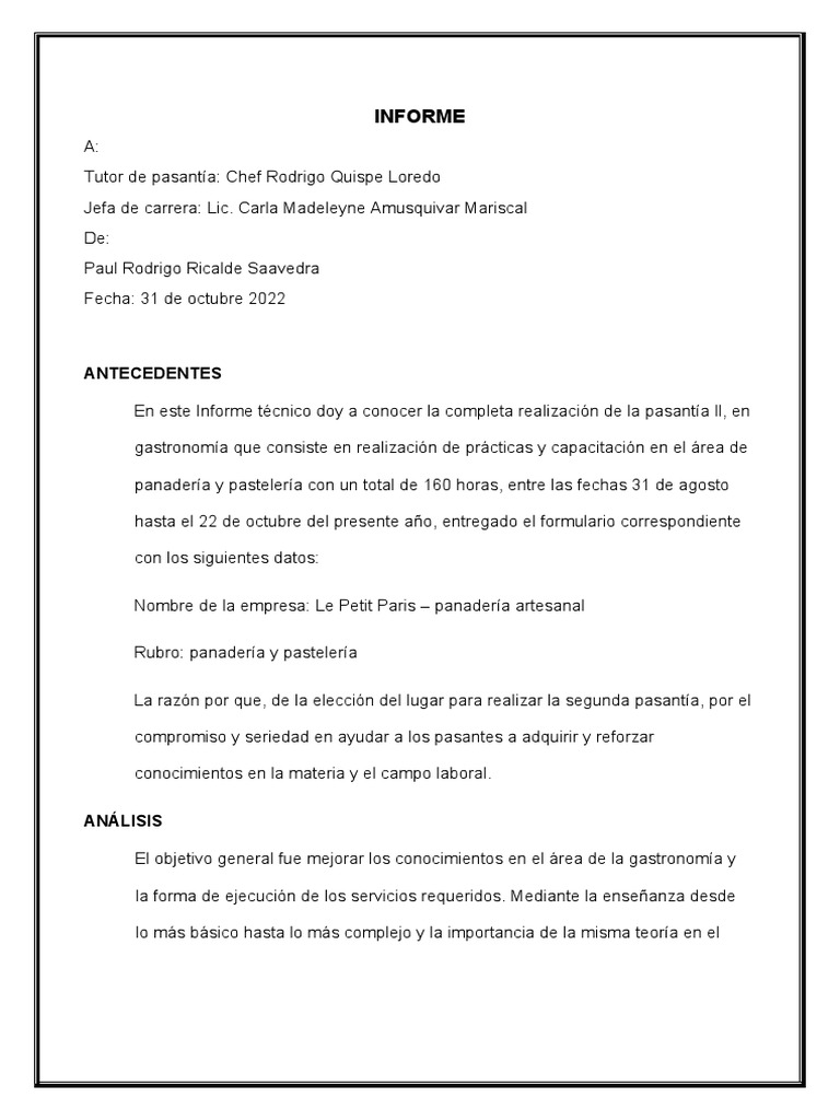 Informe de Pasantía en Panadería | PDF