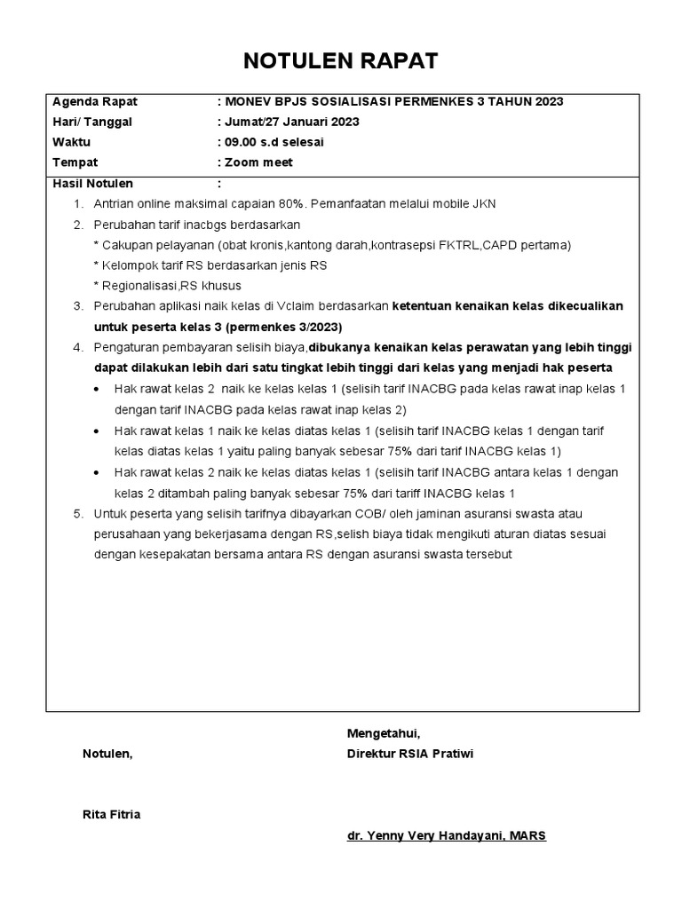 Notulen Rapat Monev BPJS 2023 | PDF