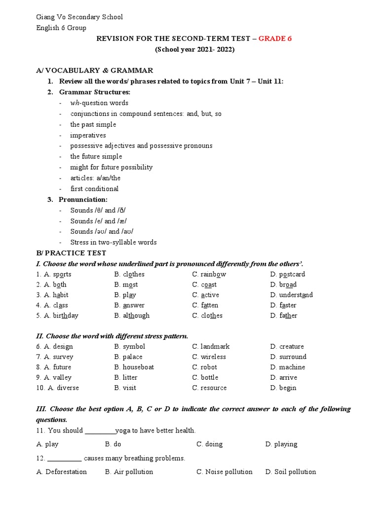 Đề Cương HK2 TA6 + KEY (21-22) | PDF | Recycling | Reuse