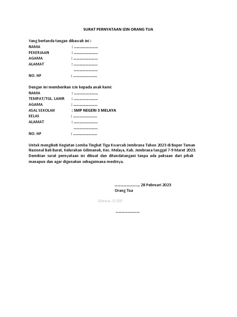 Surat Izin Orang Tua | PDF