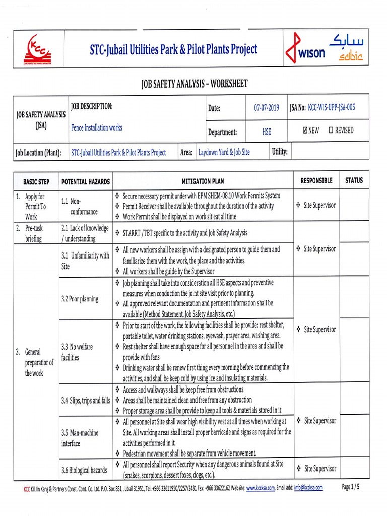 KCC WIS UPP JSA 005 Fence Installation Work 7-7-19 | PDF
