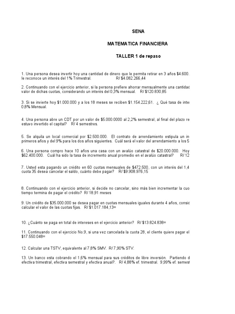 Taller 1 Repaso MF Con Respuestas | PDF | Finanzas y administración del dinero | Crédito
