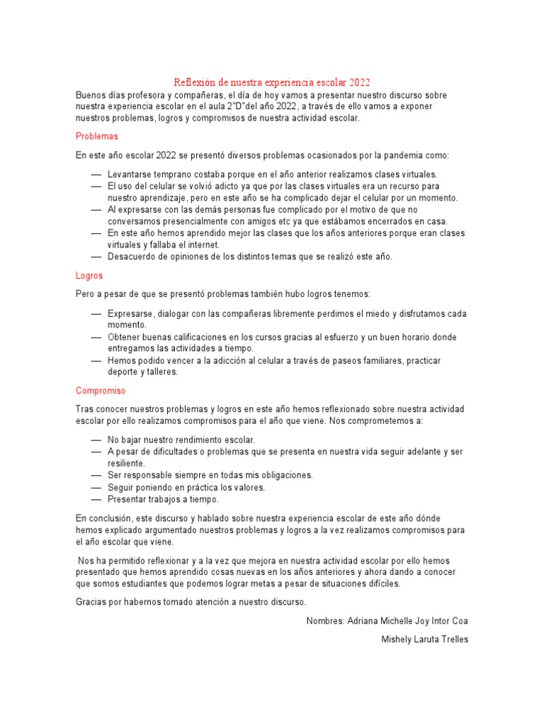 Reflexión de Nuestra Experiencia Escolar 2022 | PDF | Cognición
