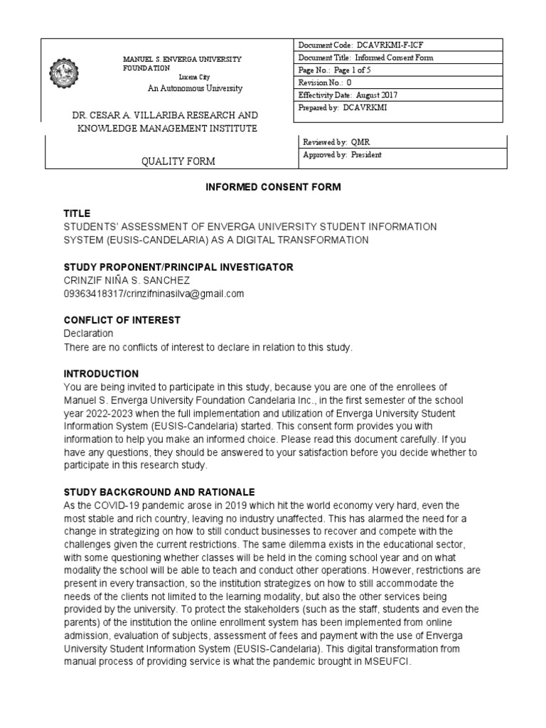 EUSIS Student Assessment Consent Form | PDF | Questionnaire | University