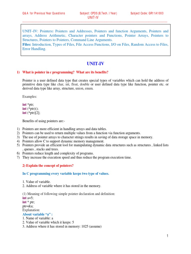 Unit Ivqa Pdf Pointer Computer Programming Parameter Computer Programming