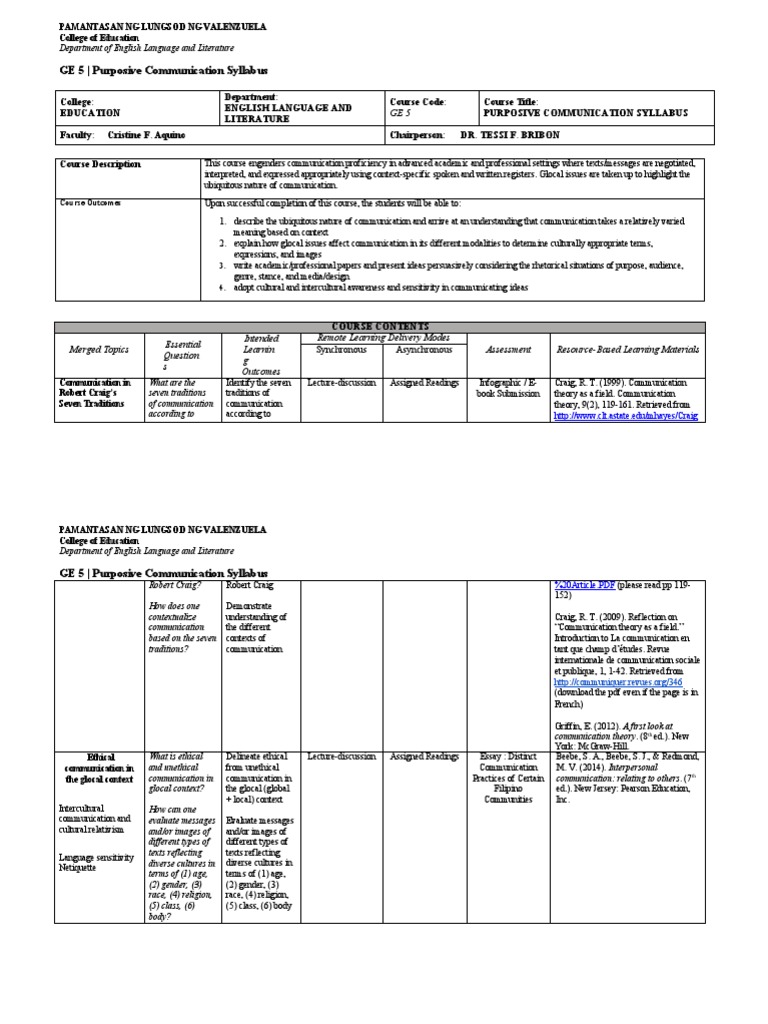 Purposive Communication Course Syllabus | PDF