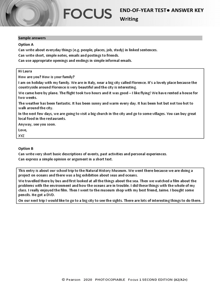 Focus1 2E End of Year Test Writing ANSWERS PDF | PDF | Grammar | Cognition