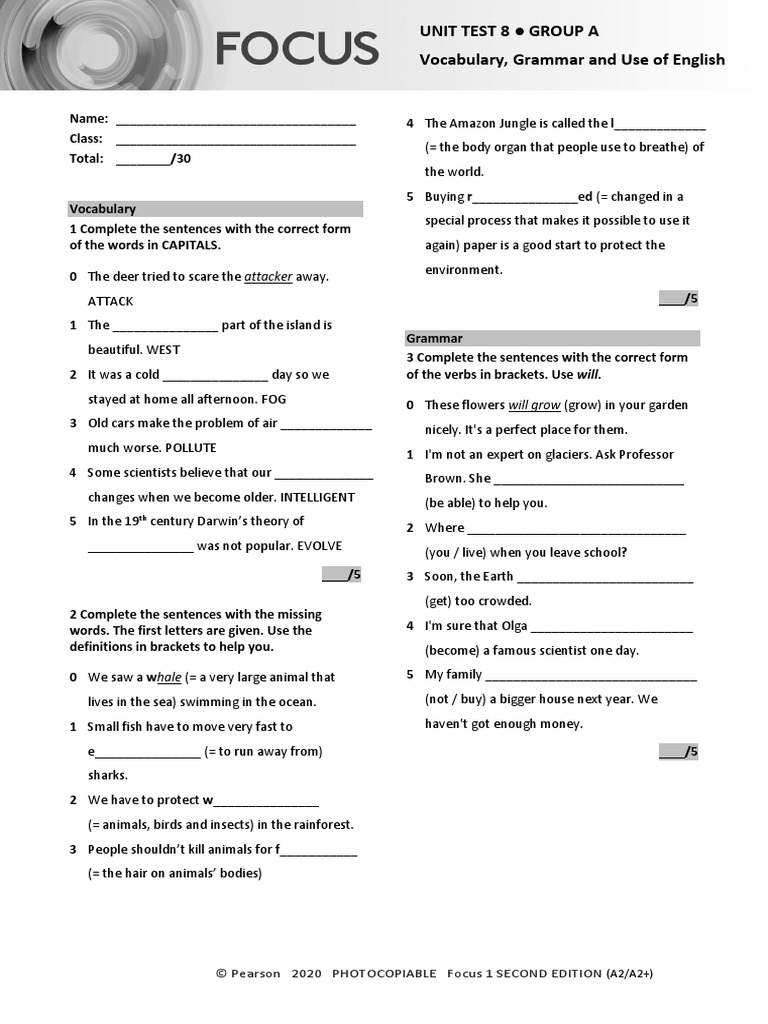 Focus1 2E Unit Test Vocabulary Grammar UoE Unit8 GroupA PDF | PDF