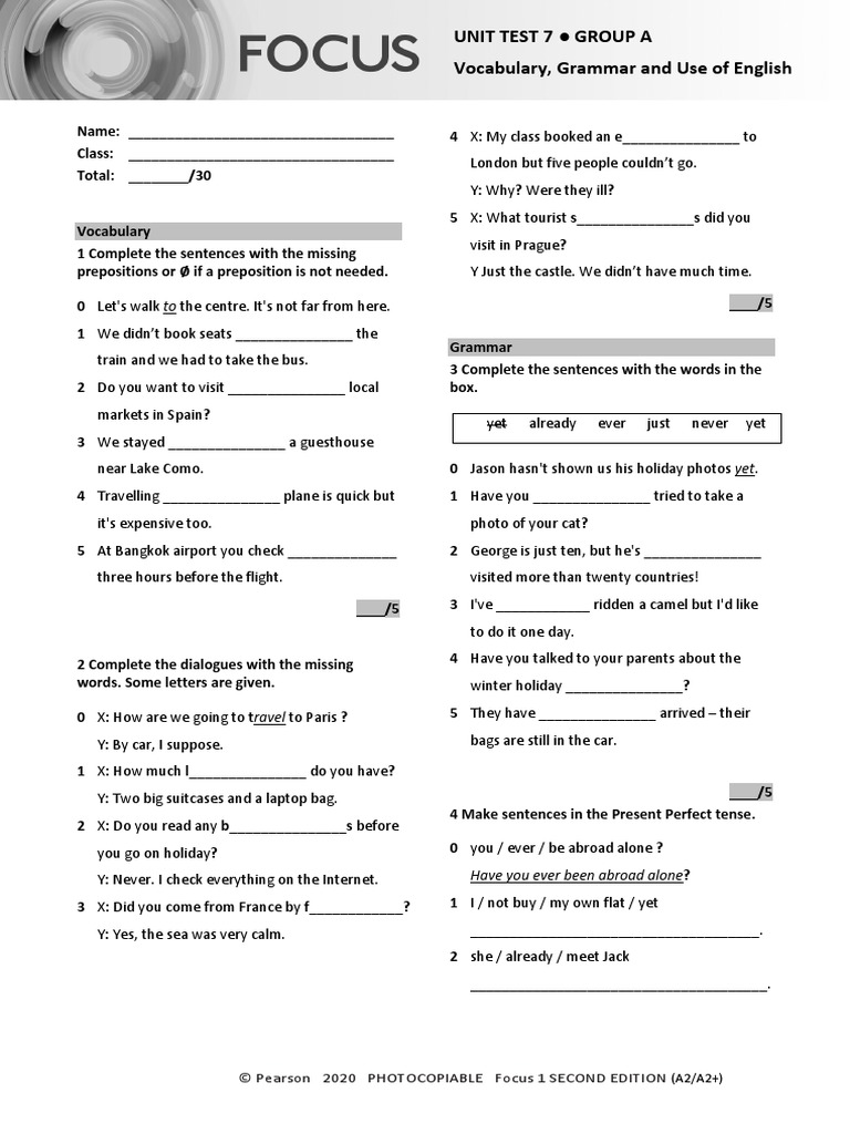 Focus1 2E Unit Test Vocabulary Grammar UoE Unit7 GroupA PDF | PDF