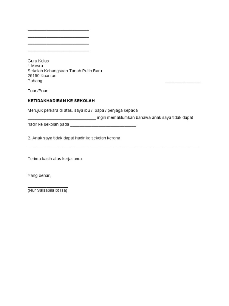 Template Surat Tidak Hadir Sekolah | PDF