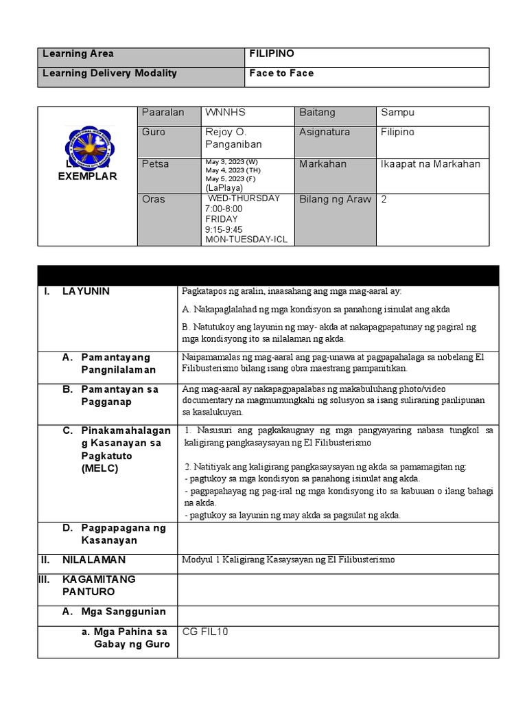Lesson Plan Template-Filipino 10 1 | PDF