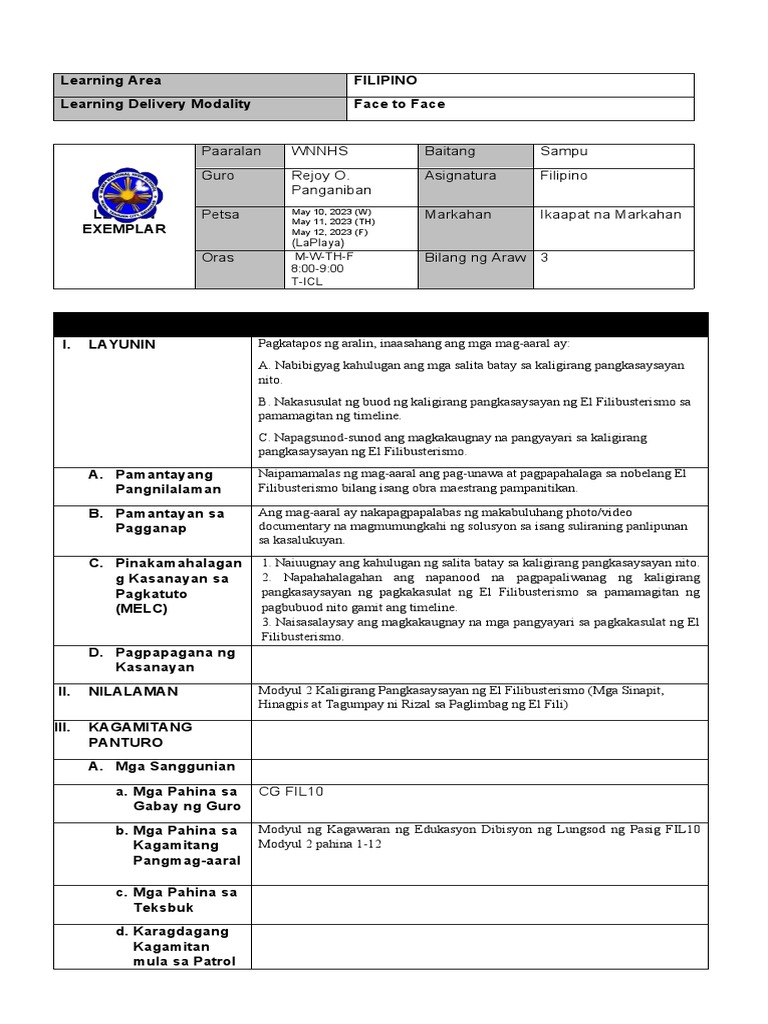 Lesson Plan Template-Filipino 10 2 | PDF
