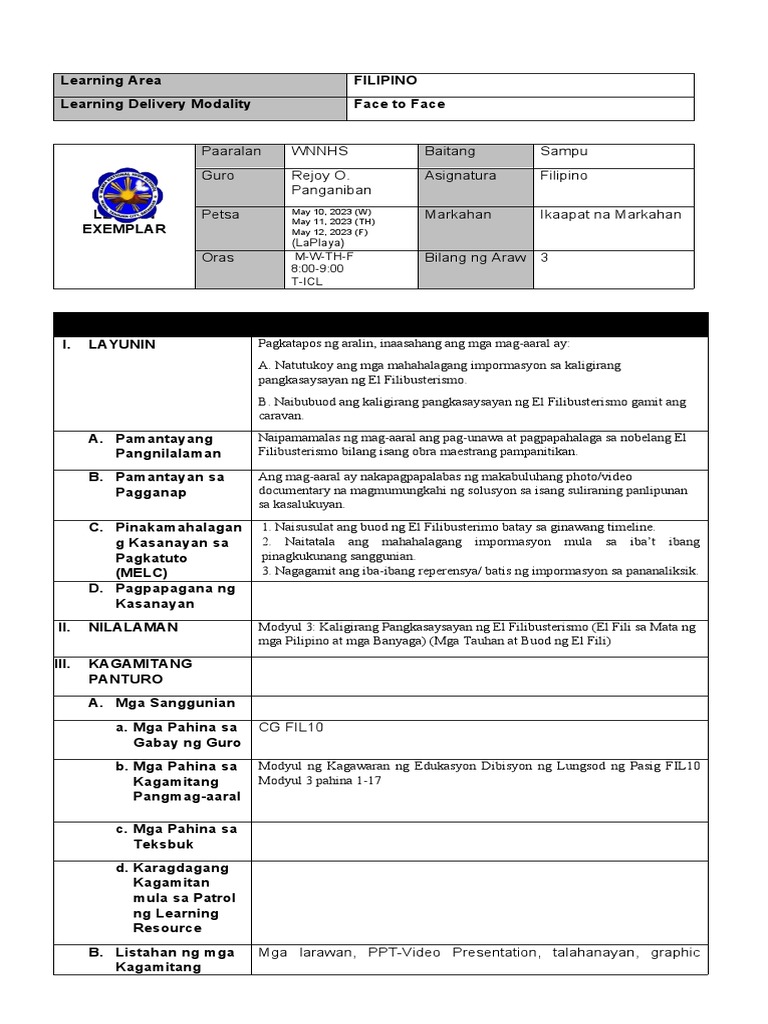 Lesson Plan Template-Filipino 10 3 | PDF