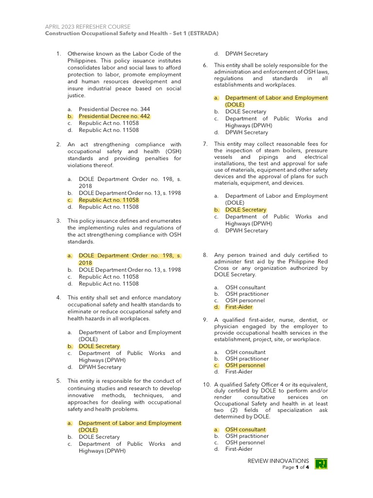 COSH-Set-1_Estrada-Questions-APR-2023 | PDF | Occupational Safety And ...