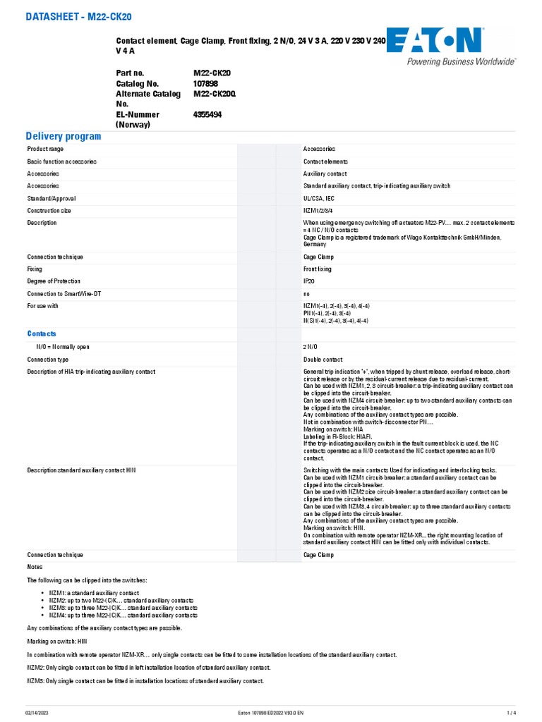 Eaton 107898 M22 CK20 en - GB | PDF | Switch | Insulator (Electricity)