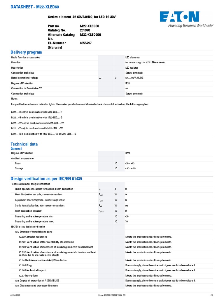 Eaton 231078 M22 XLED60 en - GB | PDF | Insulator (Electricity) | Electrical Resistance And ...