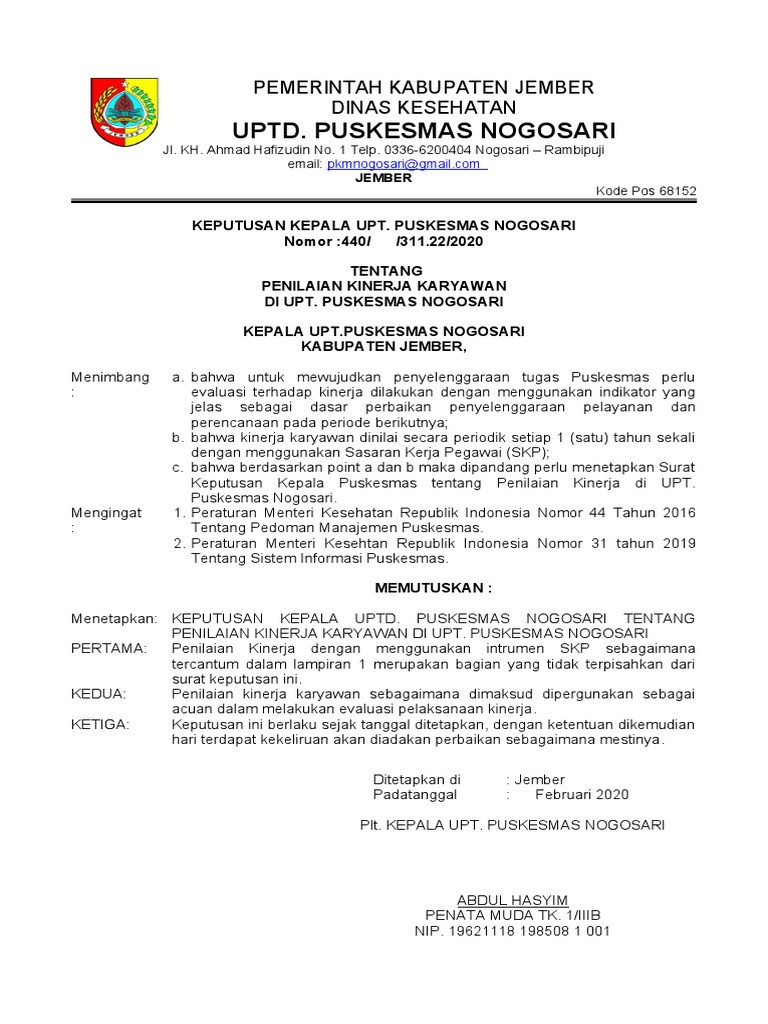 2.3.7 Ep2 SK Penilaian Kerja Puskesmas Nogosari 2020 | PDF