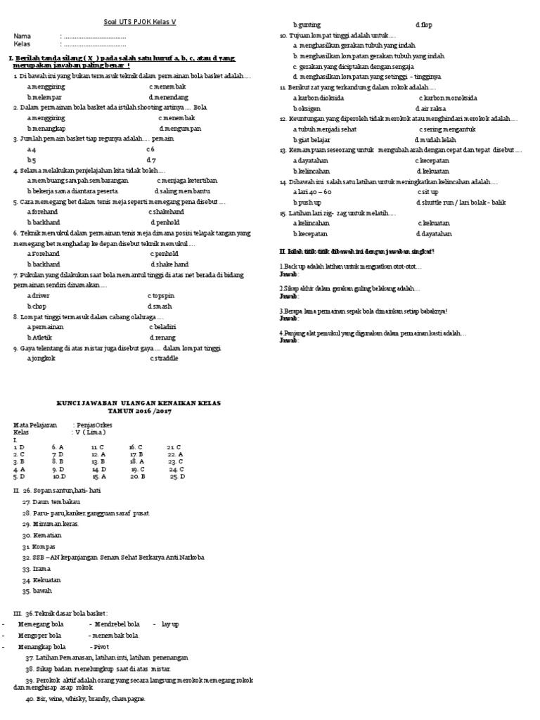 Soal Uts Pjok Kelas V | PDF | Olahraga & Rekreasi