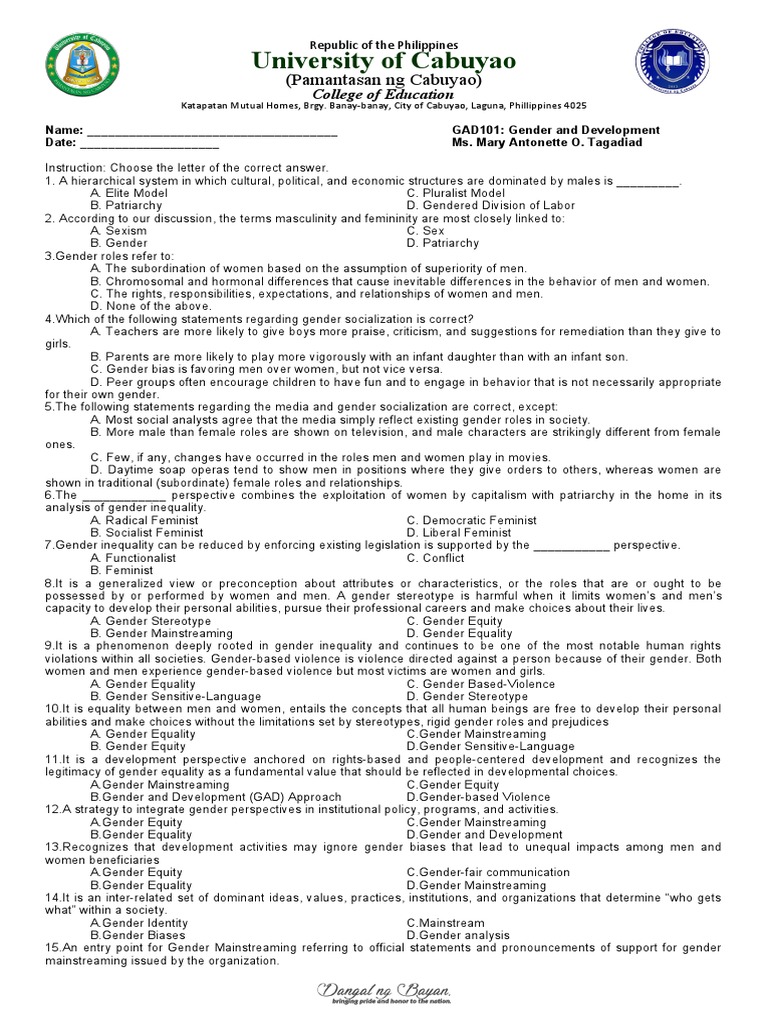 Gad101 Midterm-Exam | PDF | Gender | Gender Studies