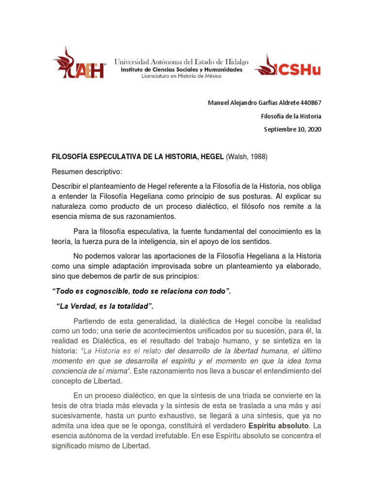 Filosofía Especulativa de La Historia, Hegel | PDF | Georg Wilhelm Friedrich Hegel | Dialéctico