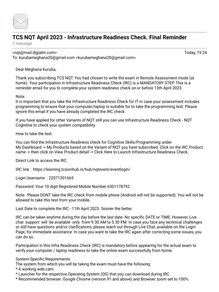Unified Email - TCS NQT April 2023 - Infrastructure Readiness Check. Final Reminder PDF | PDF ...