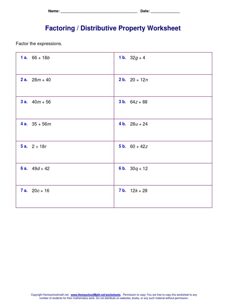 Factoring Distributive Property Worksheet | PDF