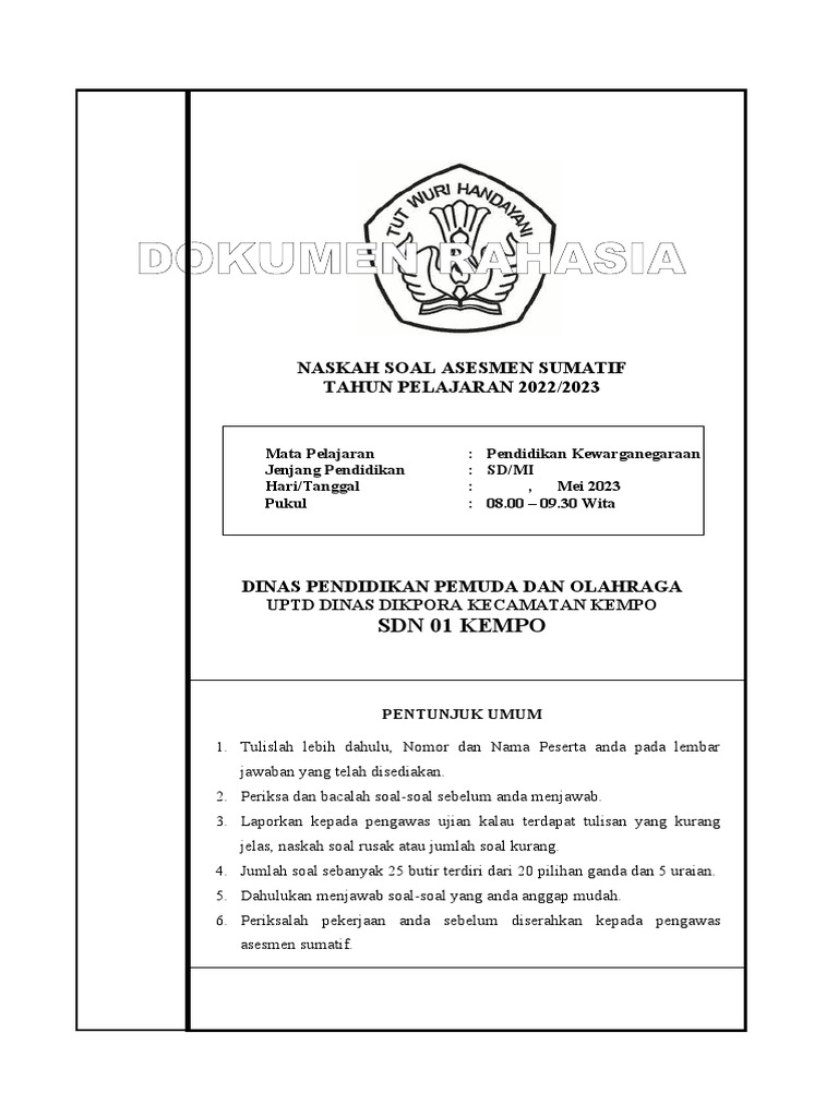 Sampul Soal Asesmen Sumatif PKN | PDF
