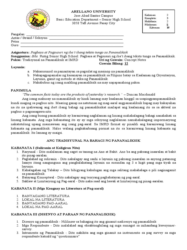 DLP 12 Tradisyunal at IMRAD Na Pananaliksik | PDF