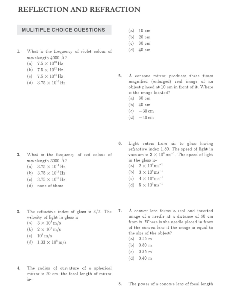 10TH Cbse - Reflection Refraction MCQ - Co | PDF | Mirror | Atomic