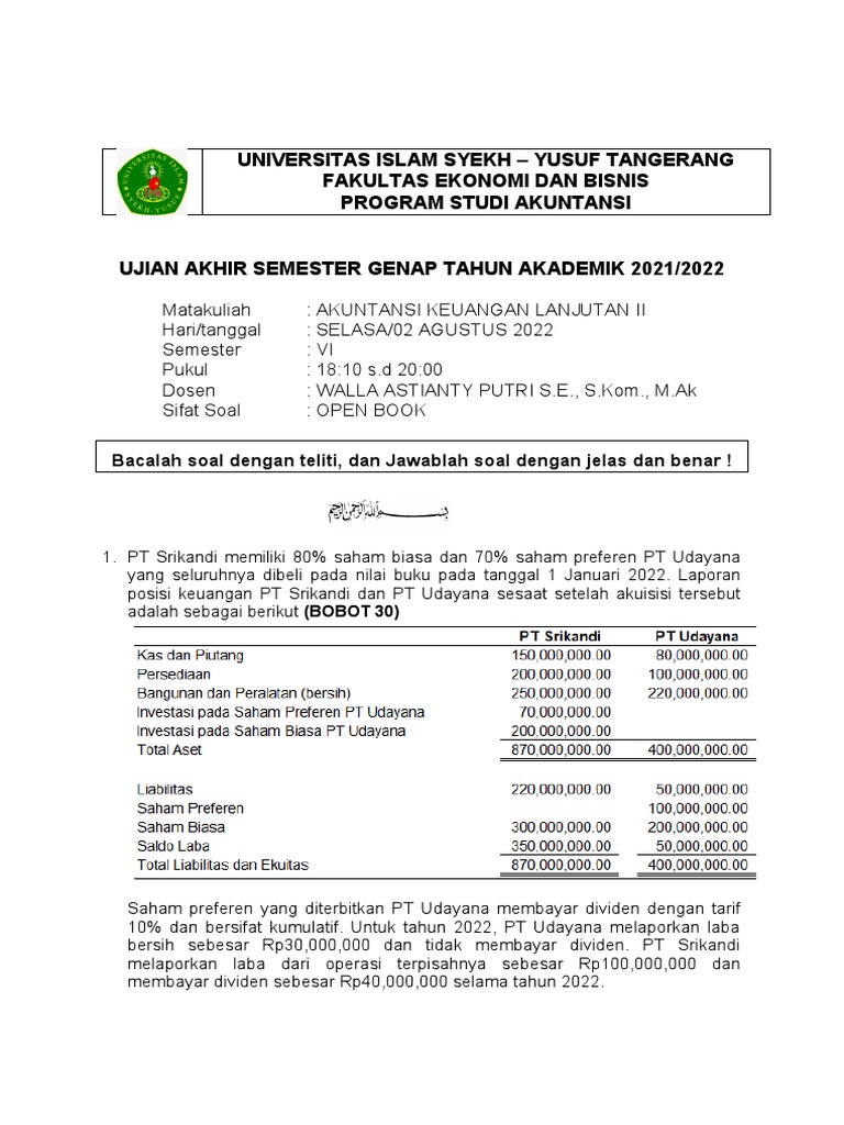 Soal Uas Akuntansi Keuangan Lanjutan Ii - Tahun Ajaran 2021 2022 | PDF