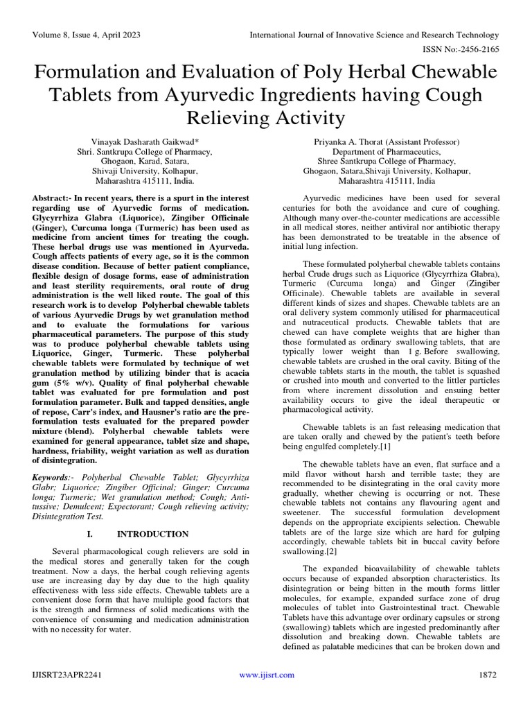 Formulation and Evaluation of Poly Herbal Chewable Tablets From Ayurvedic Ingredients Having ...