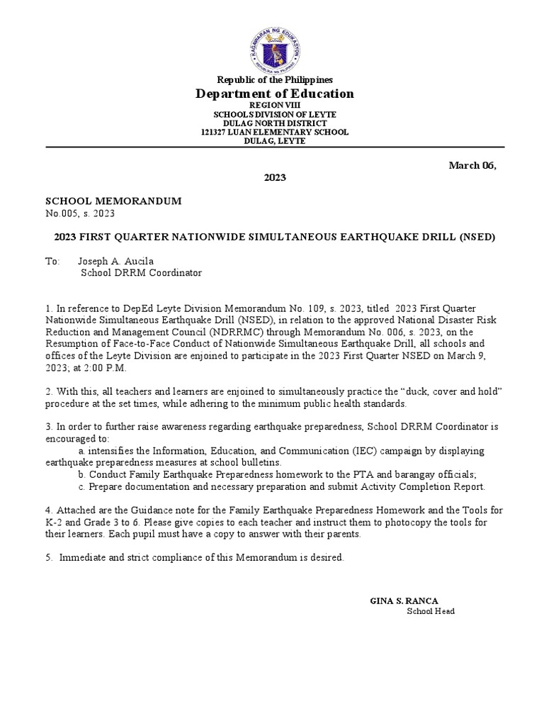 2023 Nationwide Earthquake Drill Memo | PDF