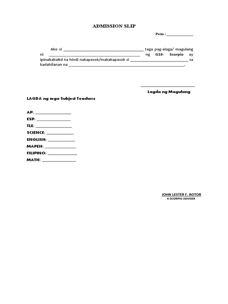 Admission Slip | PDF