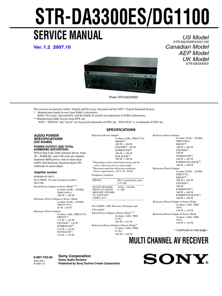Sony Multi Channel AV Receiver - STR-DA3300ES - Service Manual | PDF ...