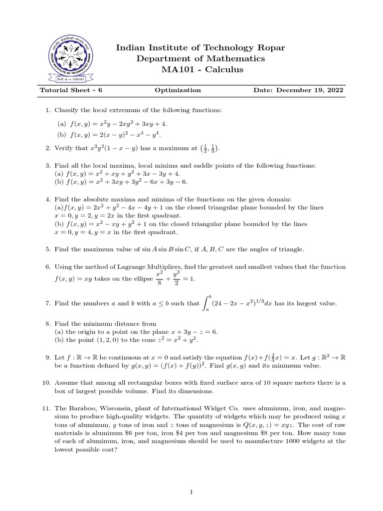 Tutorial Sheet 6 | PDF | Maxima And Minima | Analysis