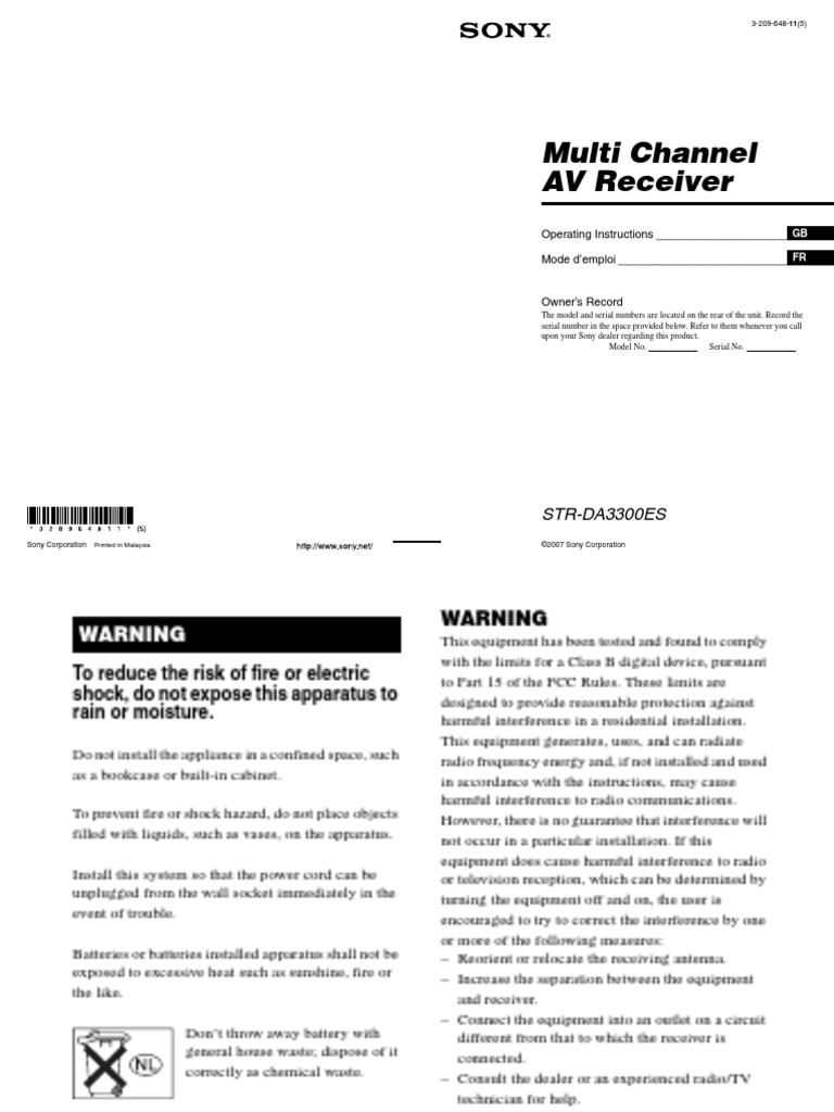 Sony Multi Channel AV Receiver - STR-DA3300ES - Operating Instructions ...