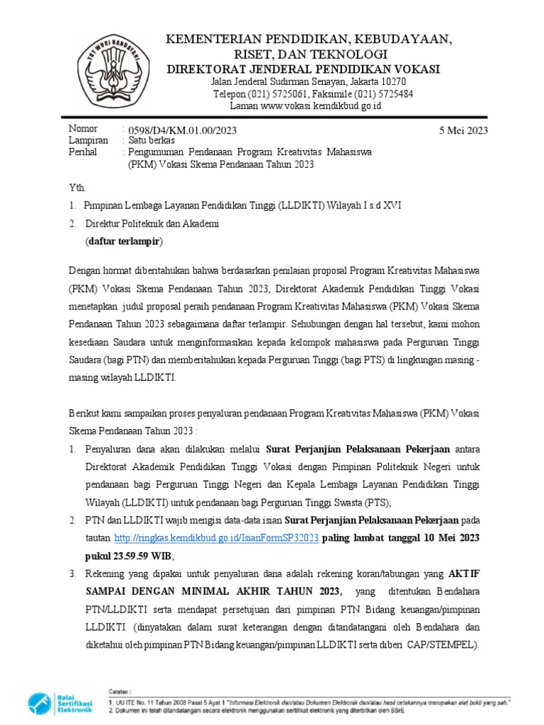 0598 - Pengumuman Penerima Pendanaan PKM Vokasi Skema Pendanaan Tahun 2023 | PDF