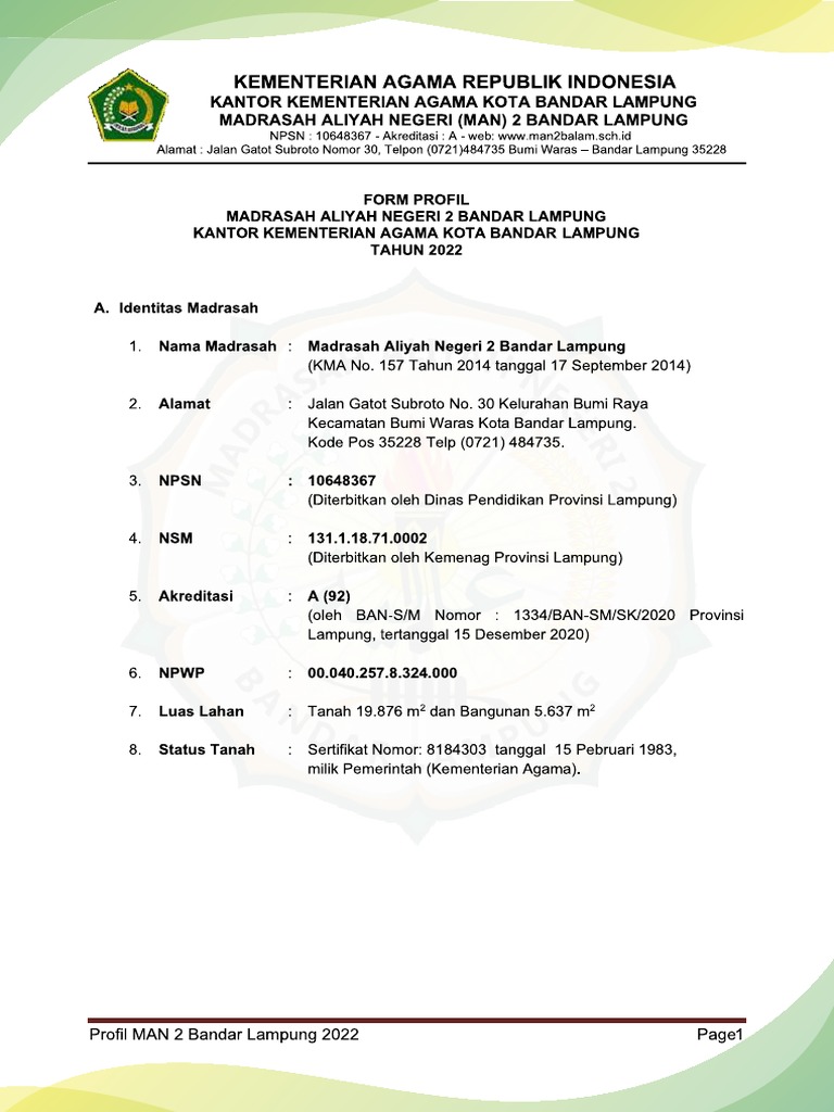 Profil MAN 2 Bandar Lampung 2022 - Compressed | PDF
