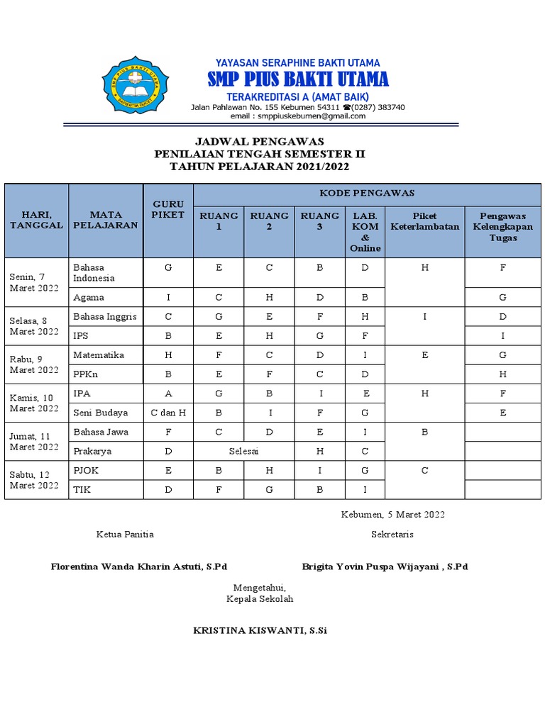 Jadwal Pengawas Ujian Maret 2022 | PDF