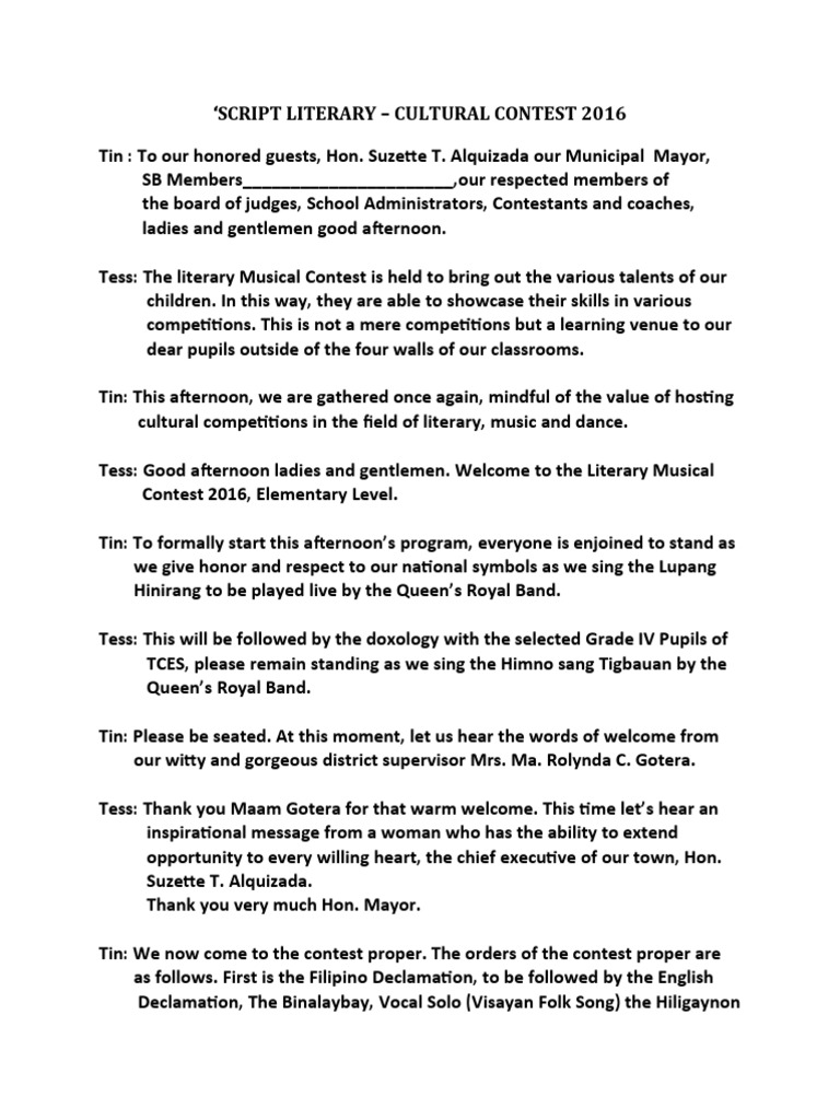 Literary Musical Contest 2016 Script | PDF | Performing Arts