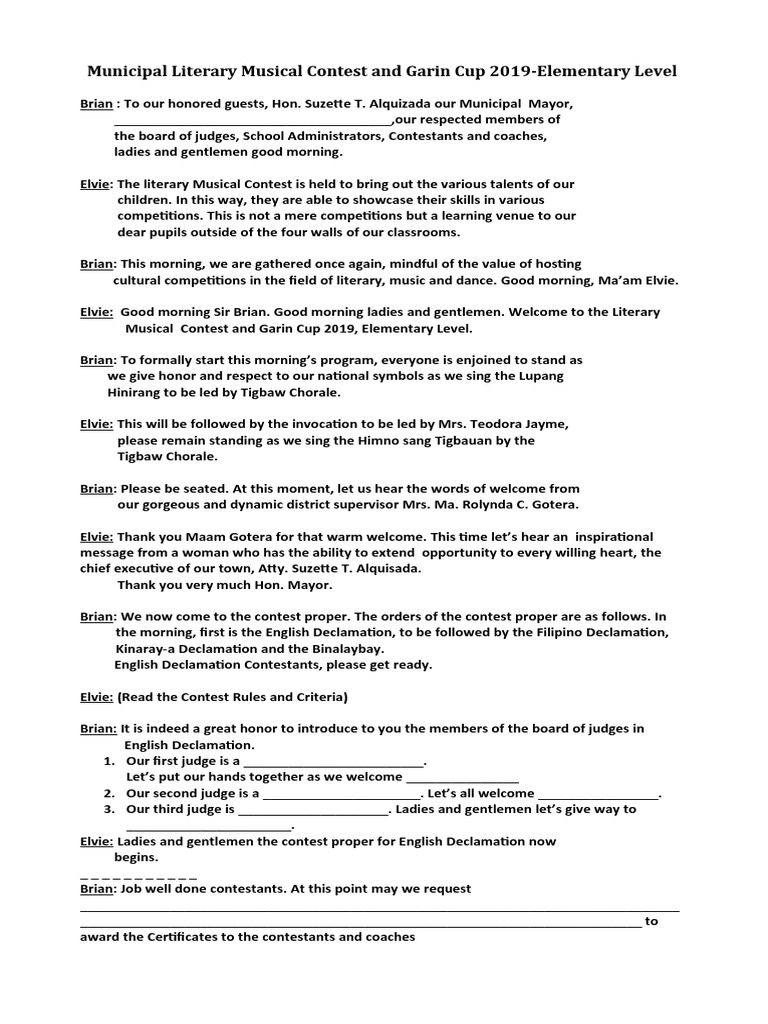 EMCEE SCRIPT LITERARY Cultural Contest 2019 | PDF | Entertainment ...
