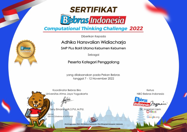 Sertifikat Peserta Pekan Bebras 2022 | PDF