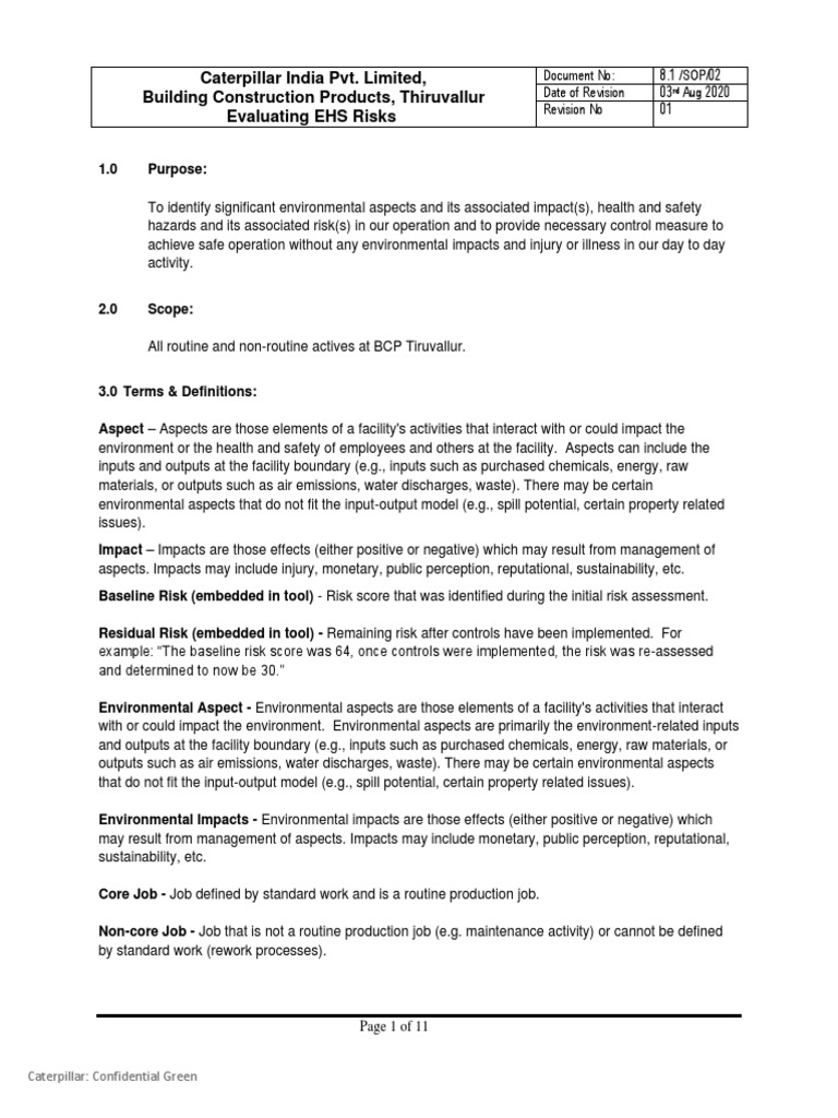 8.1 SOP 02 Evaulating EHS Risk - Risk Assesement & Aspect Impact PDF ...