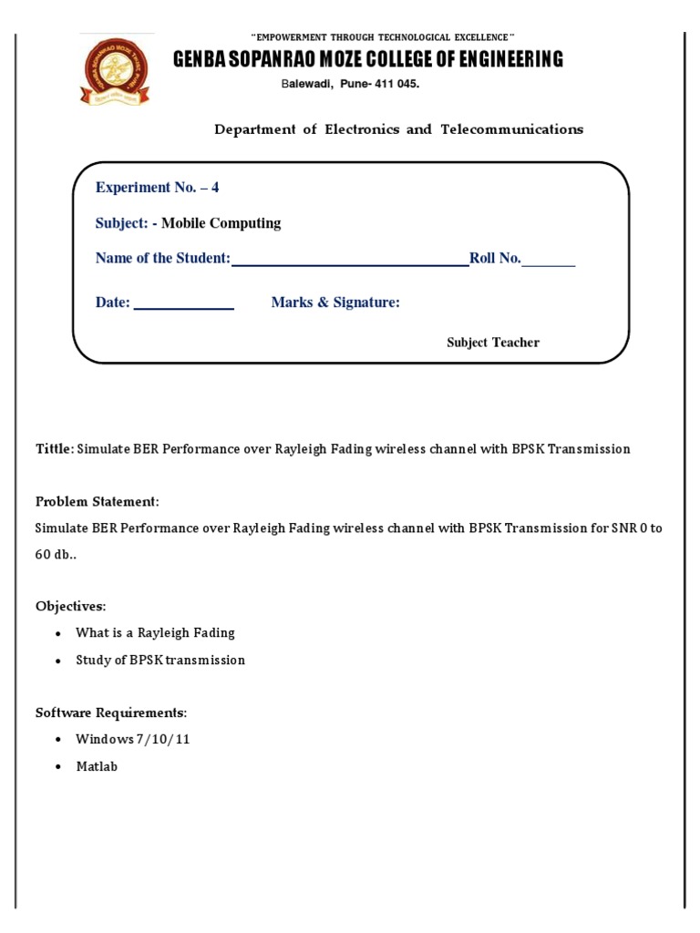 Simulate BER Performance Over Rayleigh Fading Wireless Channel With BPSK Transmission | Download ...