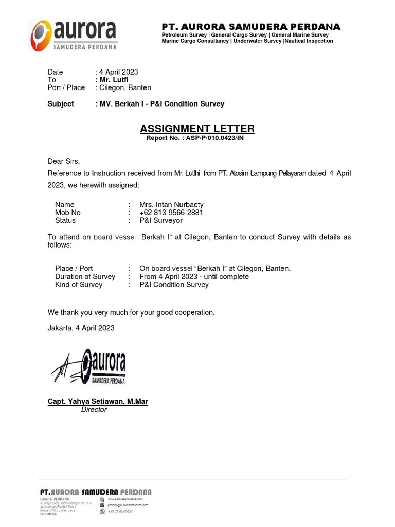 Assignment Letter - MV. Berkah I | PDF
