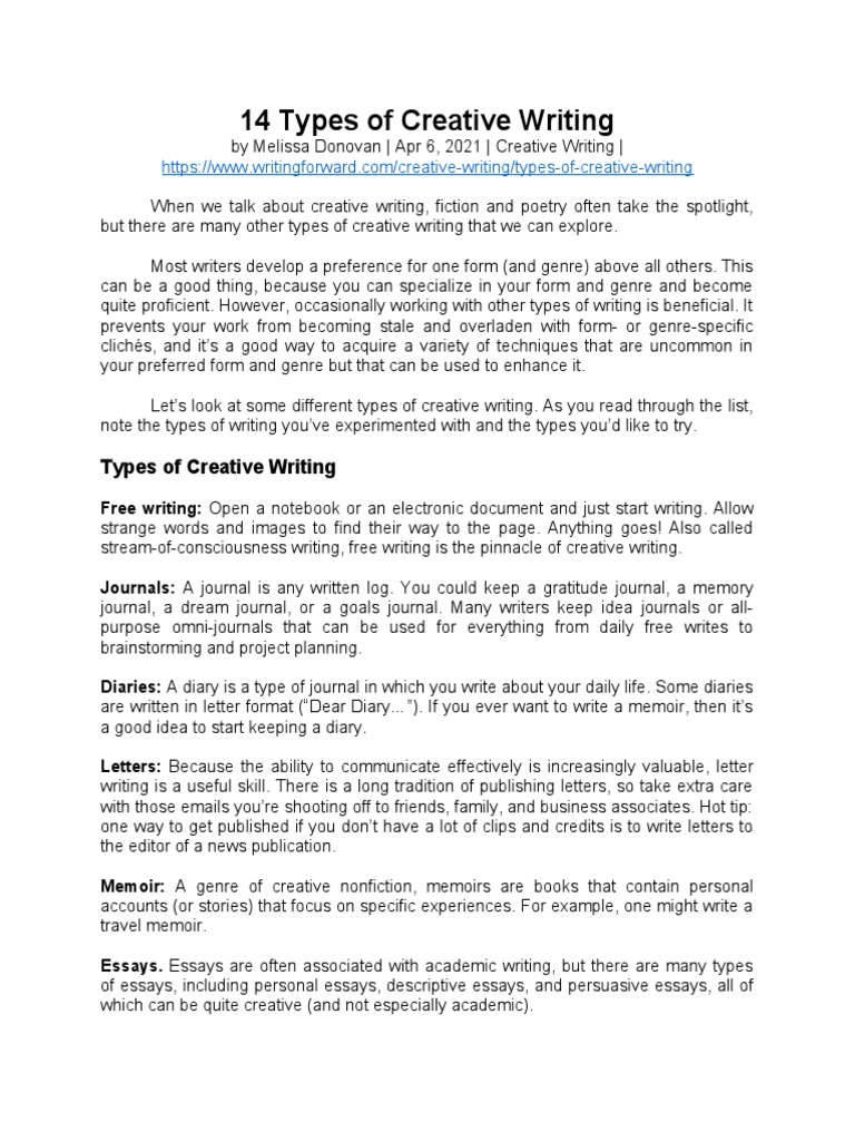 14 Types of Creative Writing | PDF | Plot (Narrative) | Narrative