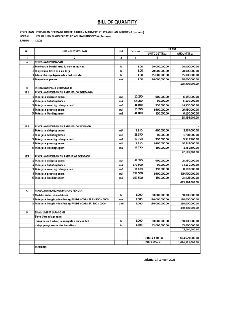 Rincian Biaya Perbaikan Dermaga II Maumere | PDF