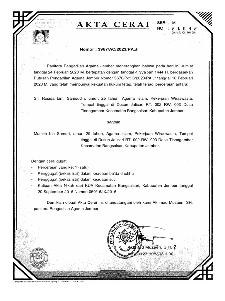 Akta Cerai Scan-Total - 2023-Form Baru - Siti Rosida | PDF