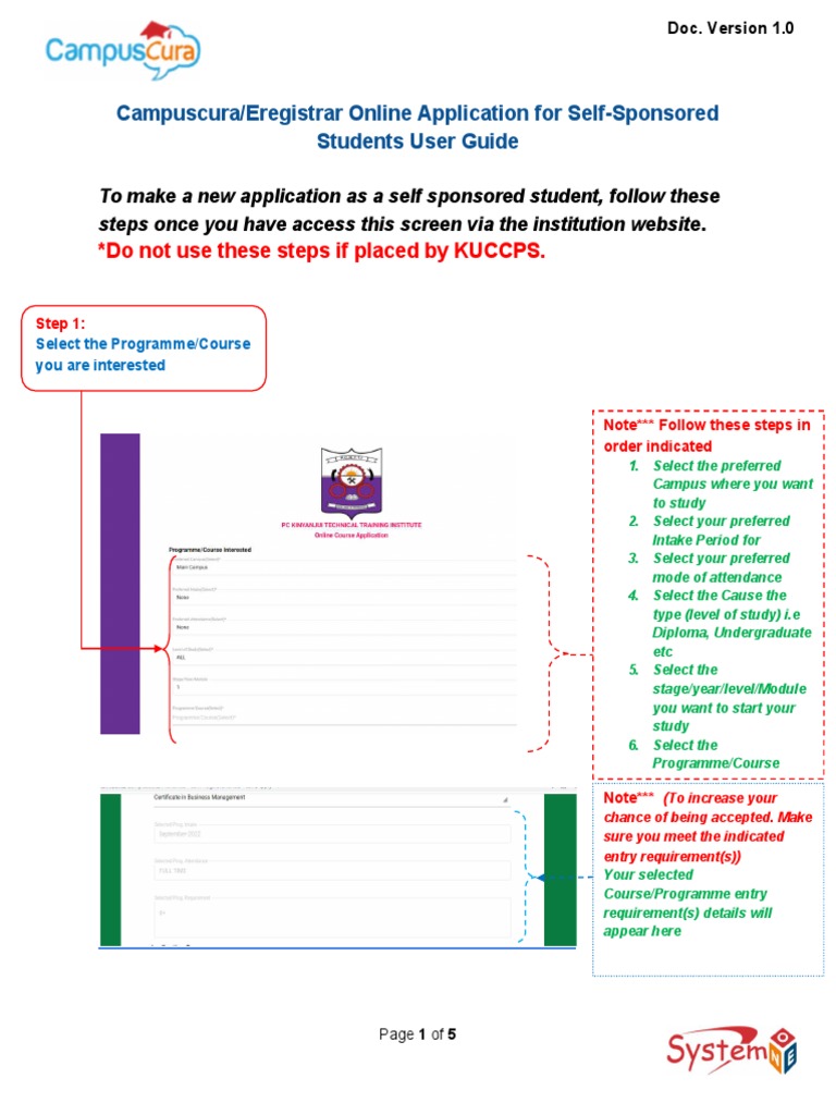 PCK Online Application For Self Sponsored Students Guide PDF | PDF