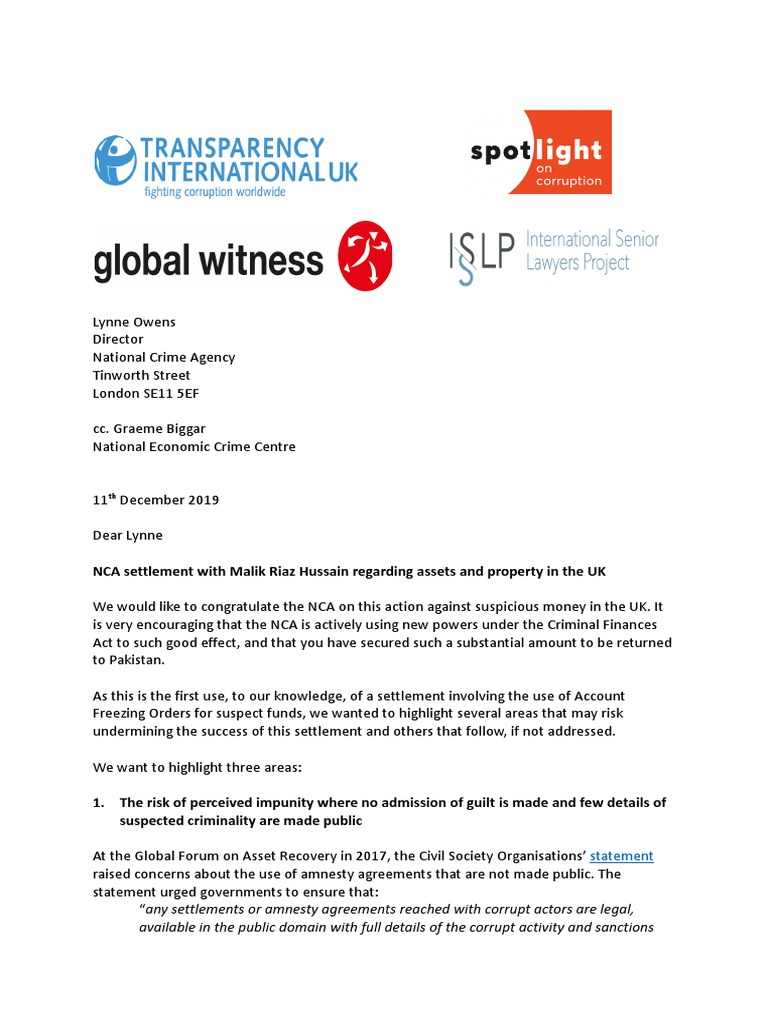 Transparency International, UK Letter To NCA About Malik Riaz ...